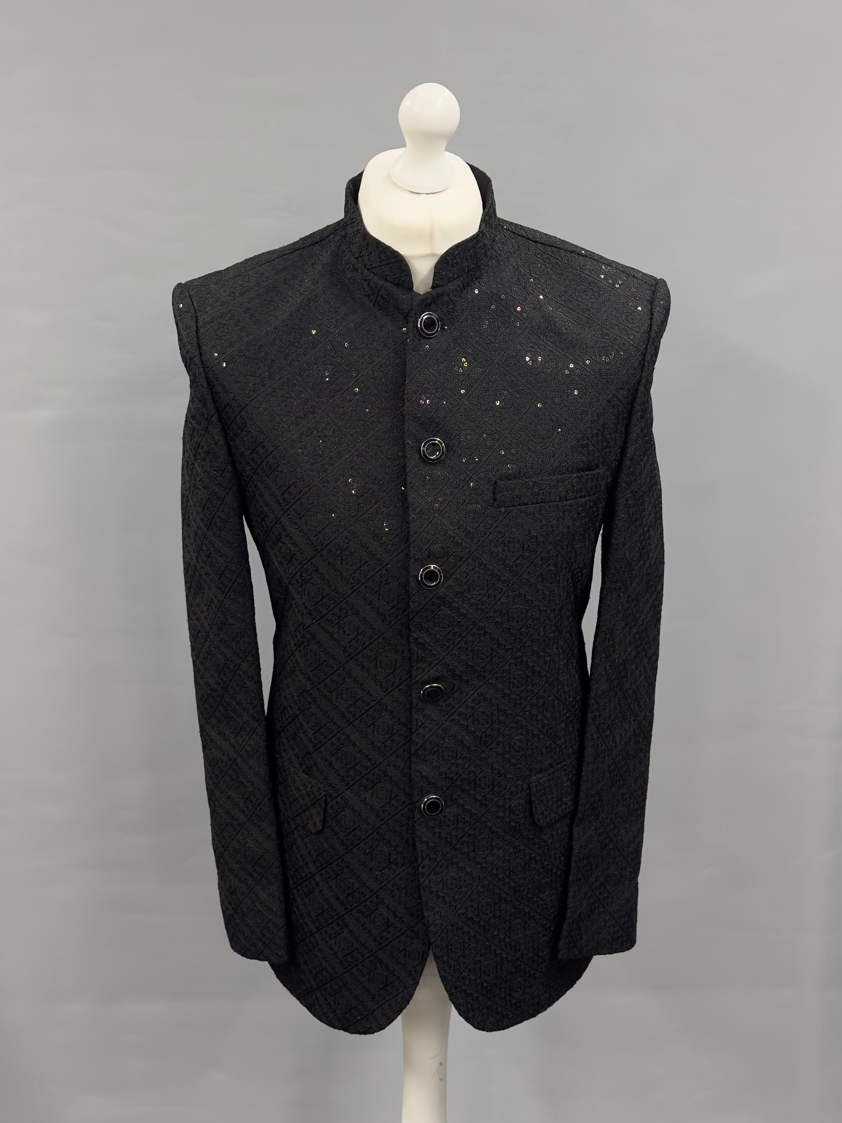 Men's Sequin Embroidery Jamawar Black Diamond Design Prince Jacket Sil ...
